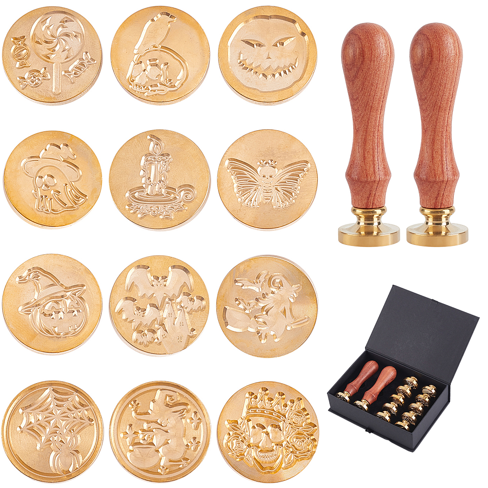 Wax Seal Stamp Set 12Pcs 25mm Removable Brass Heads with 2Pcs Wooden ...
