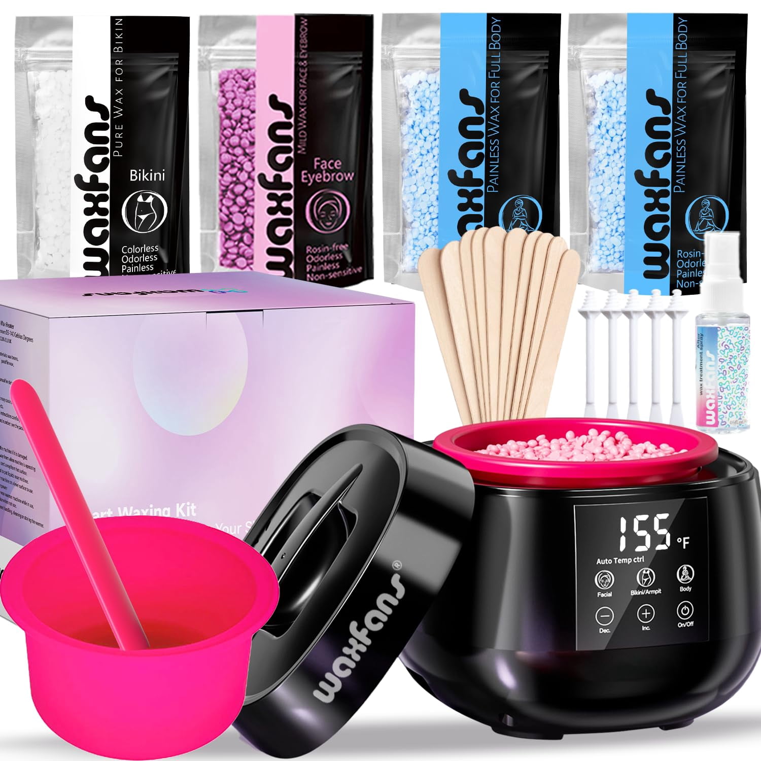 Waxfans Smart Waxing Kit, Auto Temperature Control, Hard Wax Kit for ...
