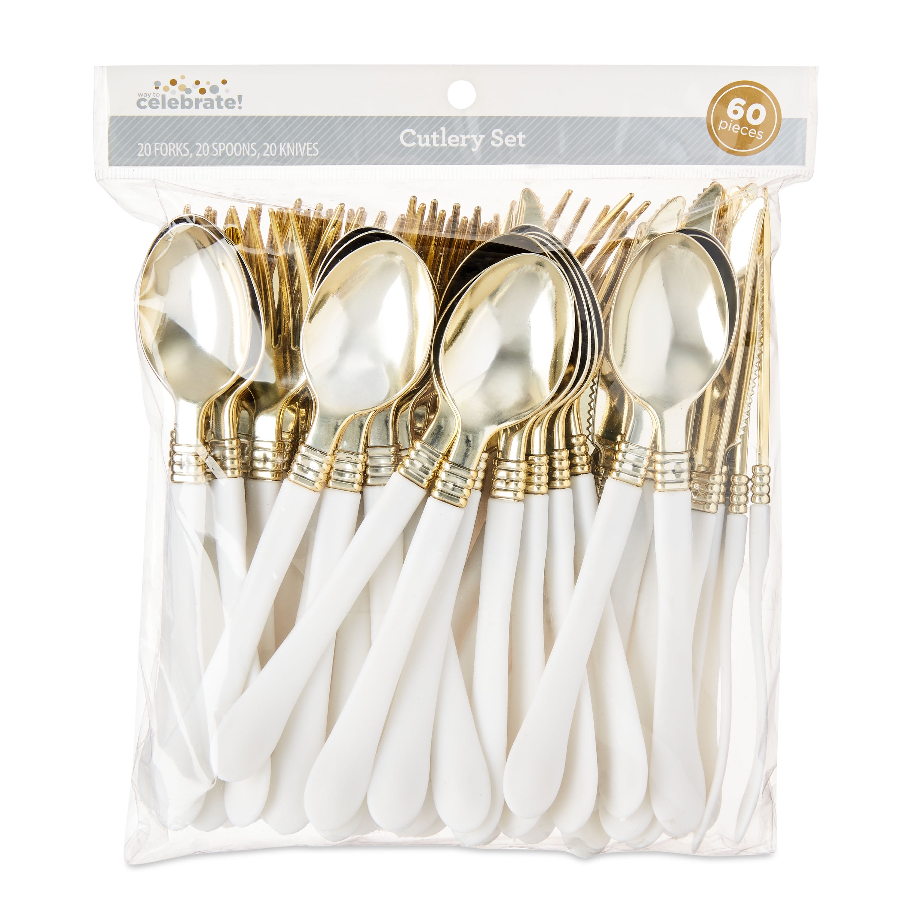 Way To Celebrate Disposable Plastic Cutlery Set, Gold and White, 60 ...