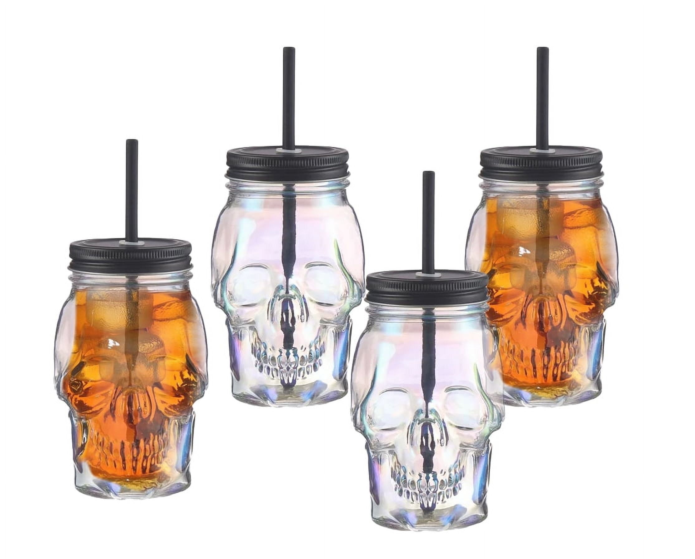 Iridescent 18 oz Glass Skull Sippers with Lids & Straws, Set of 4, by ...