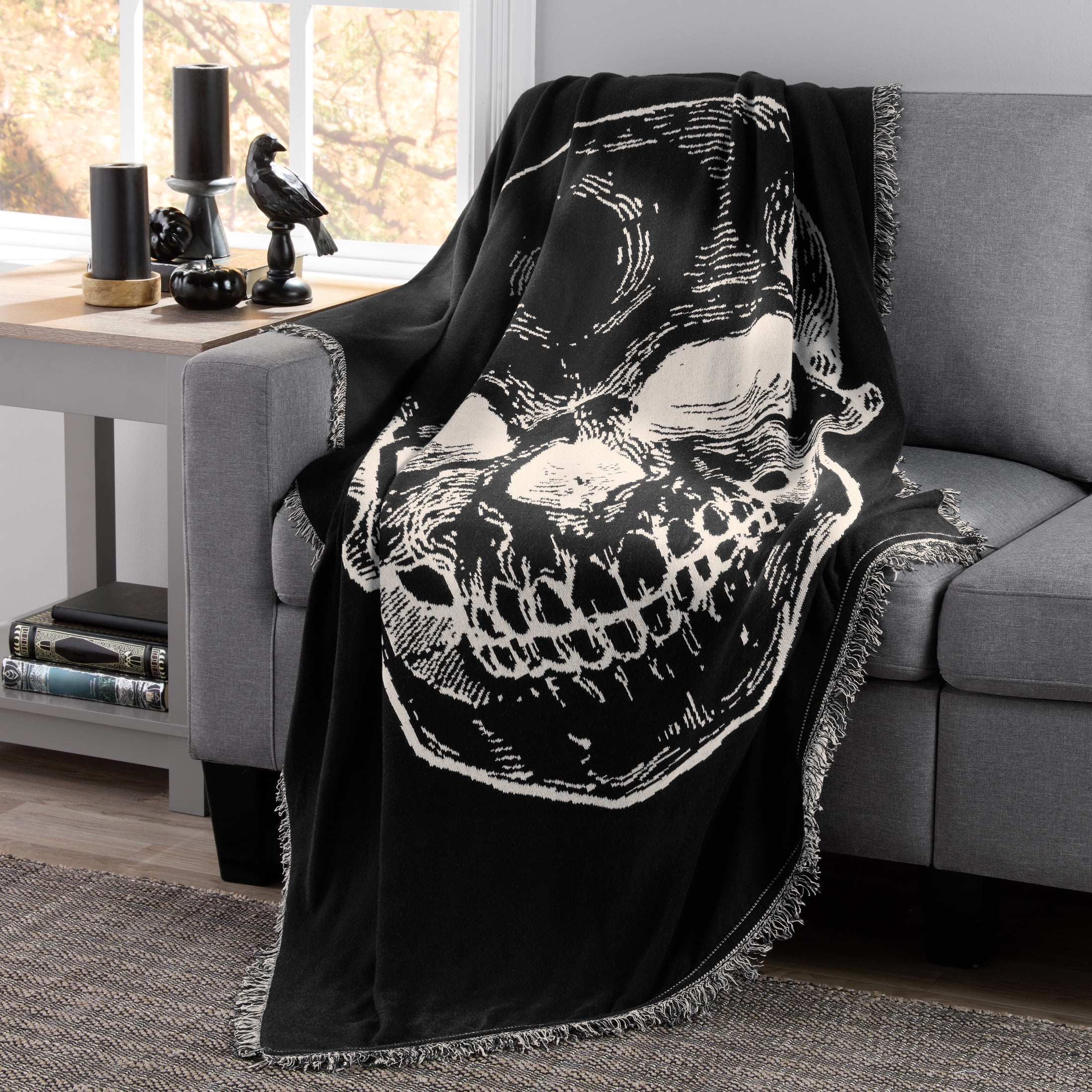 Way To Celebrate Halloween Soft Touch Black & White Skull Cotton-Blend ...