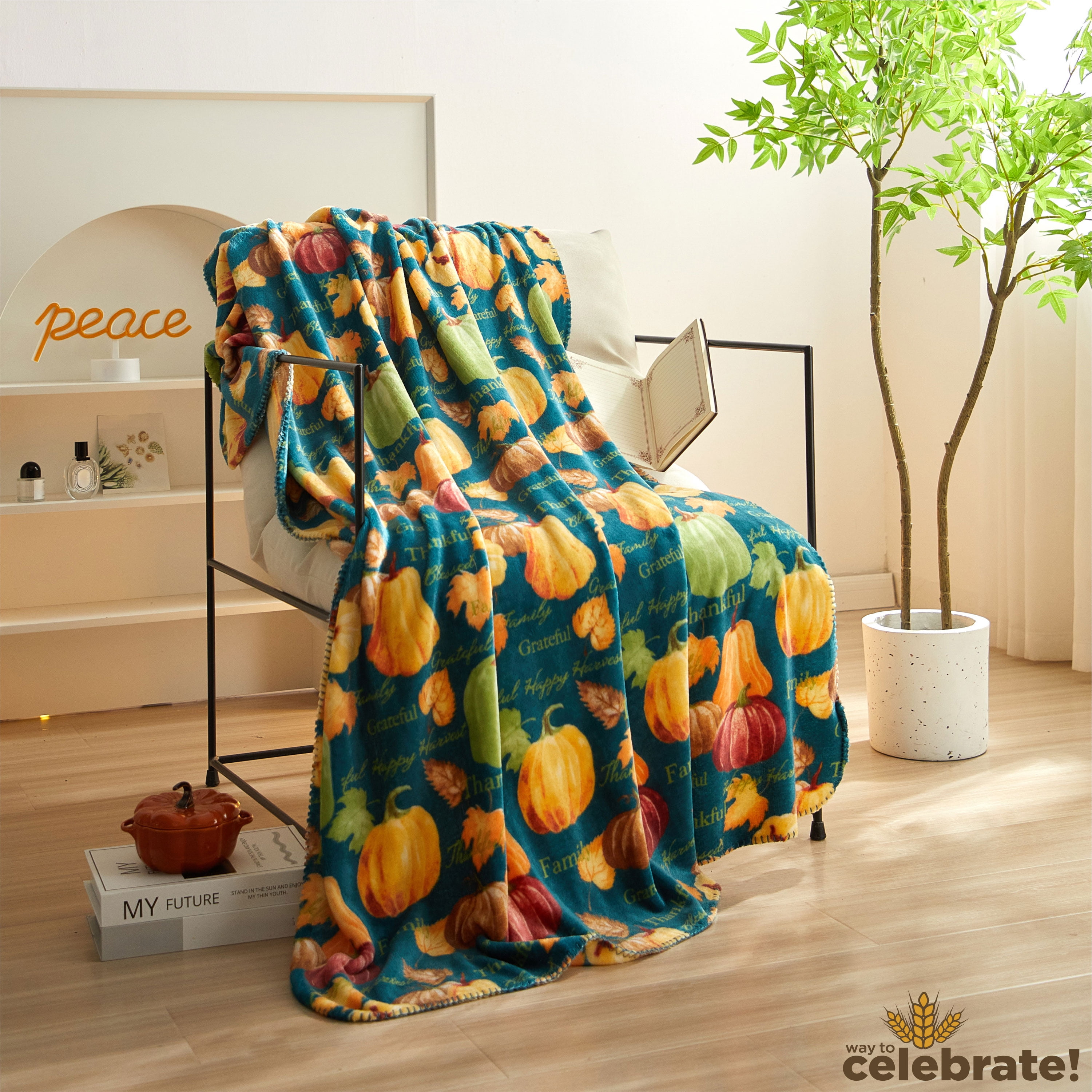 Way To Celebrate Harvest Pumpkin Gourds Plush Throw Blanket, 25% ...