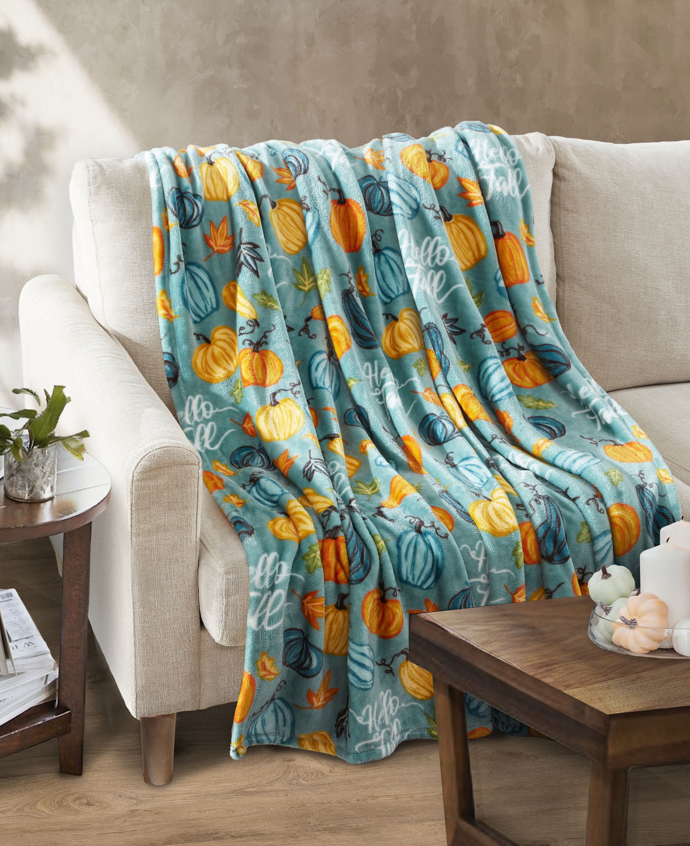 Way To Celebrate, Hello Fall Throw Blanket, Turquoise, Standard Throw ...