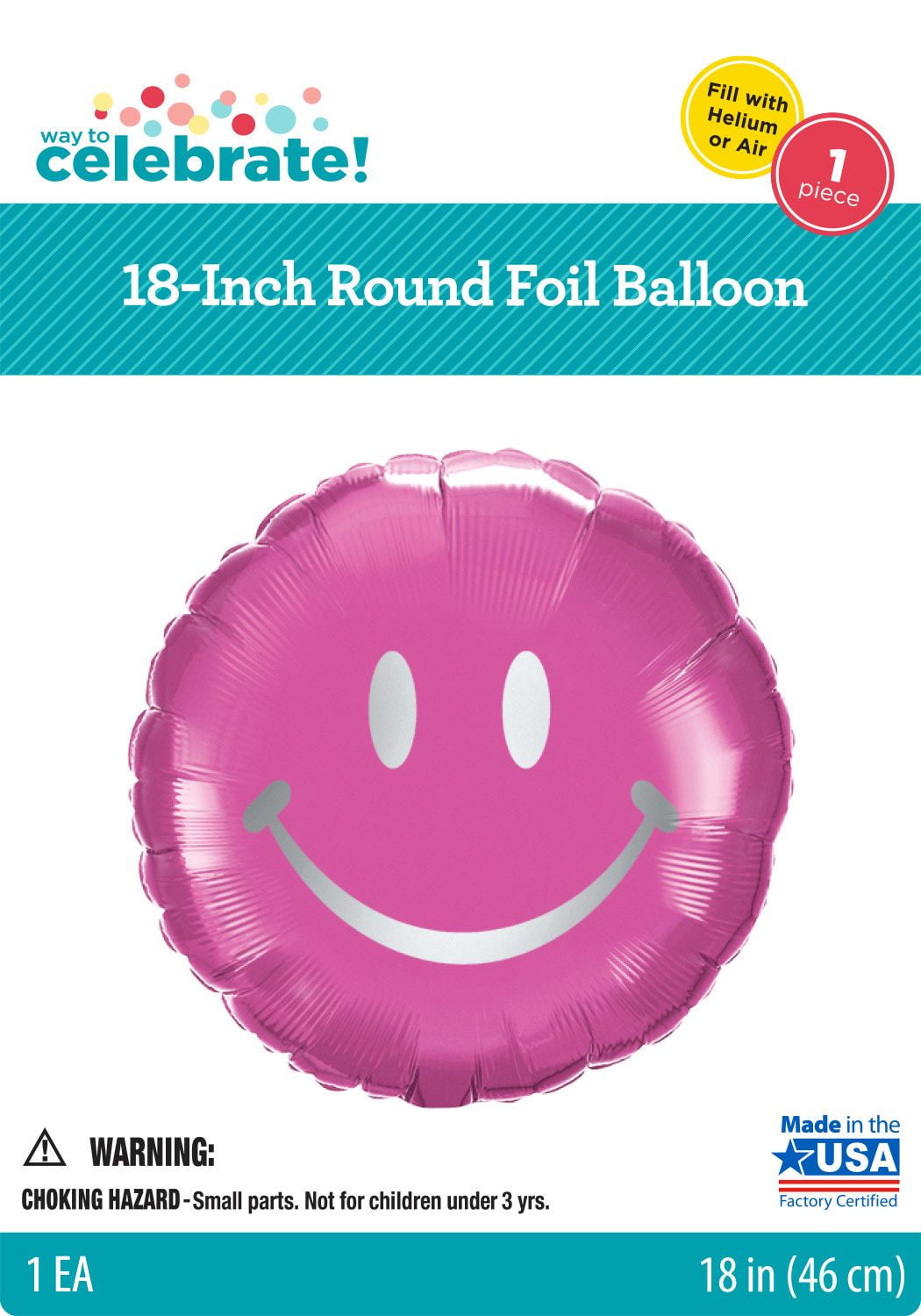 Way to Celebrate 18" Pink Foil Balloon with Silver Smile Face for All ...