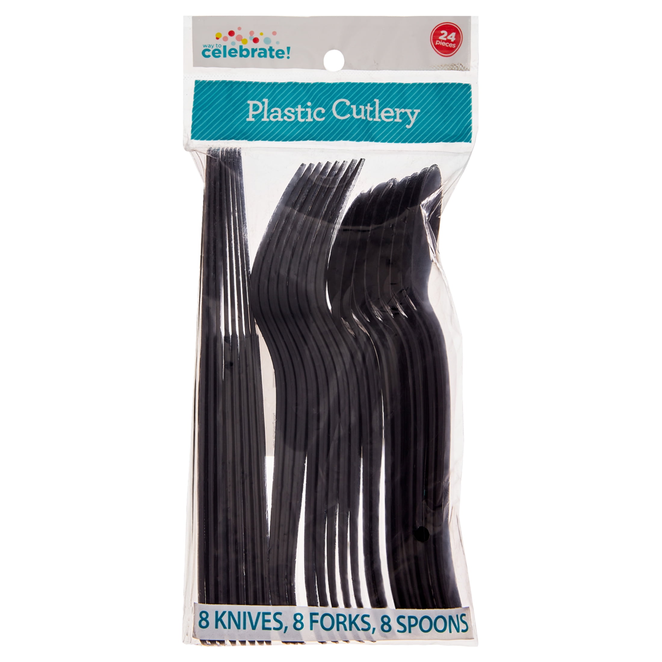 Way To Celebrate Disposable Plastic Cutlery Set, Black, 24 Pieces ...