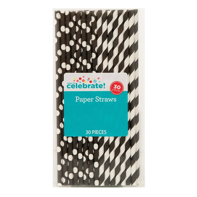 Way to Celebrate! Black Polka Dot & Striped Paper Straws, 30ct ...