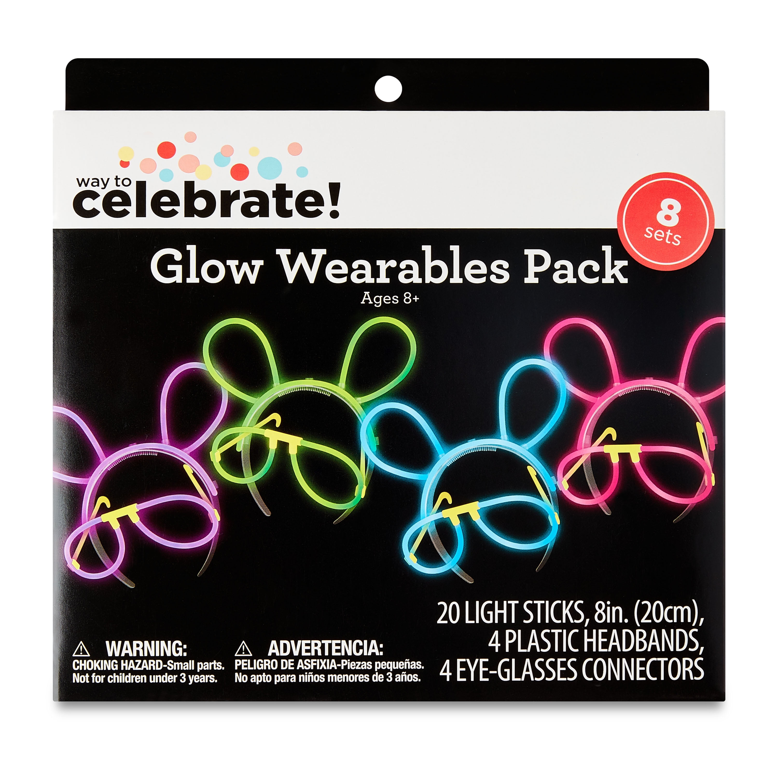 Way To Celebrate Multicolor Glow Wearable Pack with 8 Sets of Glow ...