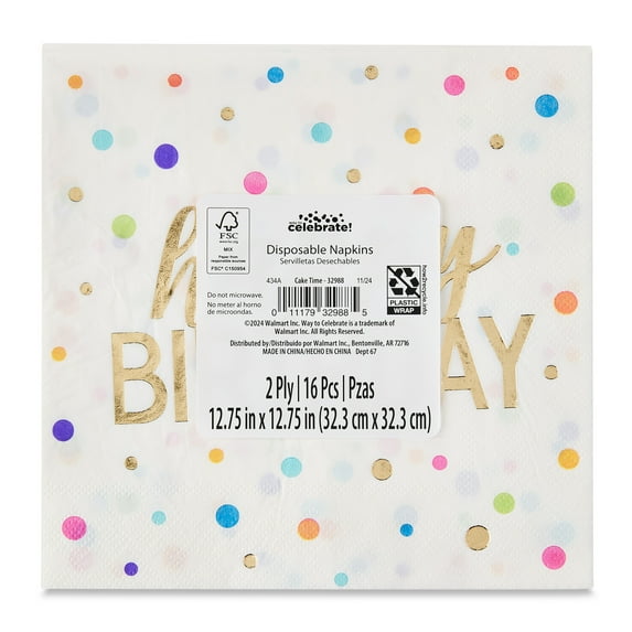6.5" x 6.5" Disposable Gold/White Happy Birthday Paper Napkins, 20 ...