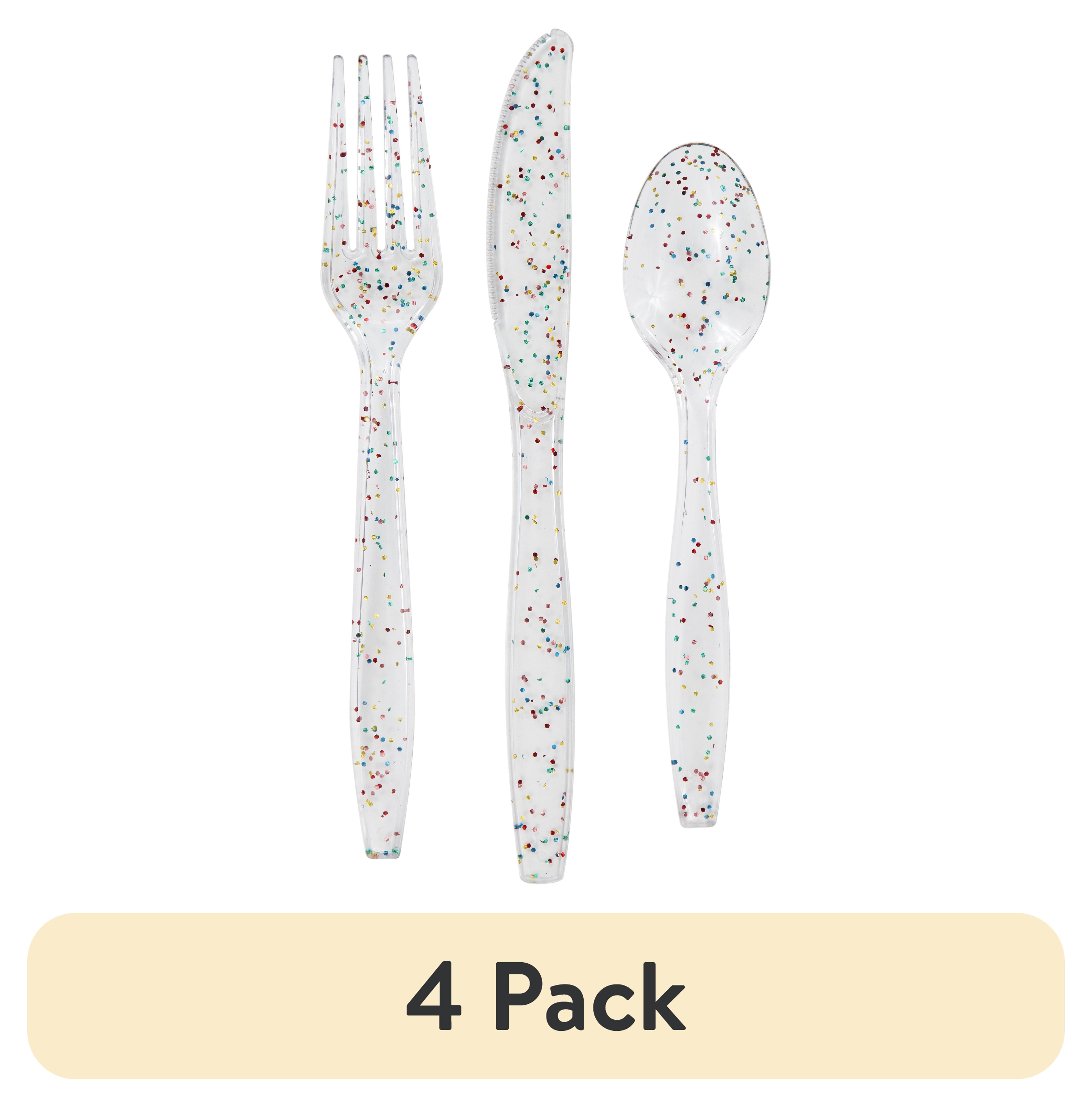 (4 pack) Rainbow Glitter Plastic Disposable Cutlery Set 24 Count by Way ...