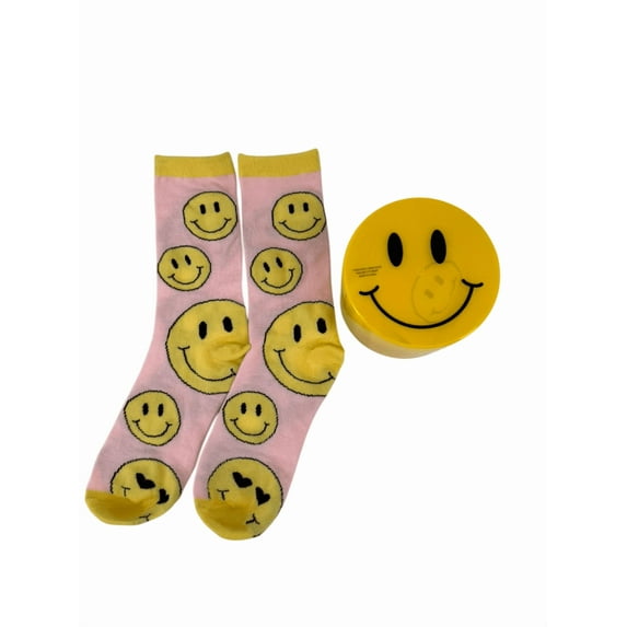 Smiley Face Crew Socks, Pink and Yellow, One Size Fits Most, Valentine ...