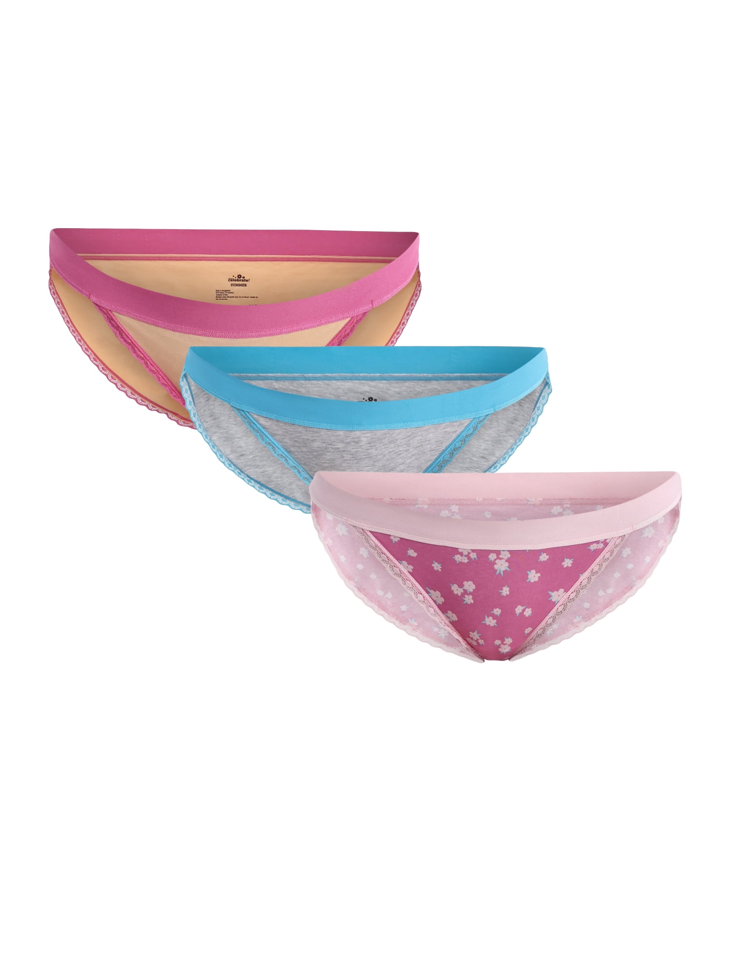 Way To Celebrate Women's Lace Trim Cotton Bikini Panties 3-Pack Sizes S ...