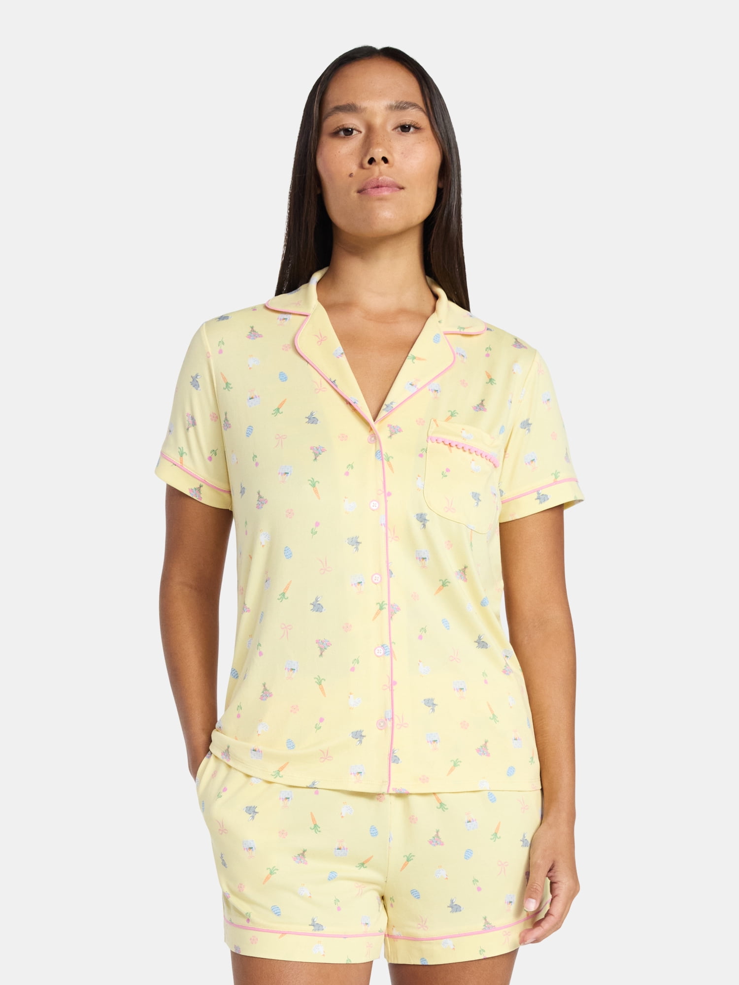Easter Women's and Women's Plus Notch Collar Top and Shorts Pajama Set ...