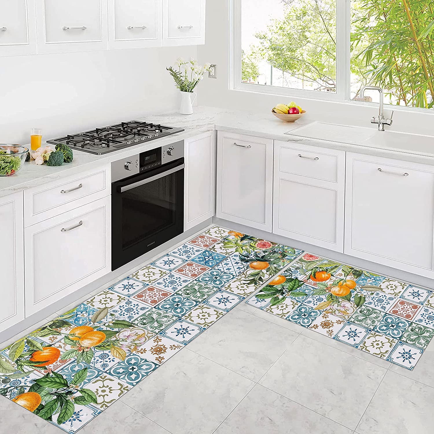 Waykingo Boho Floral Kitchen Mat, 17" x 47" + 17" x 30", Non-Slip (2 ...