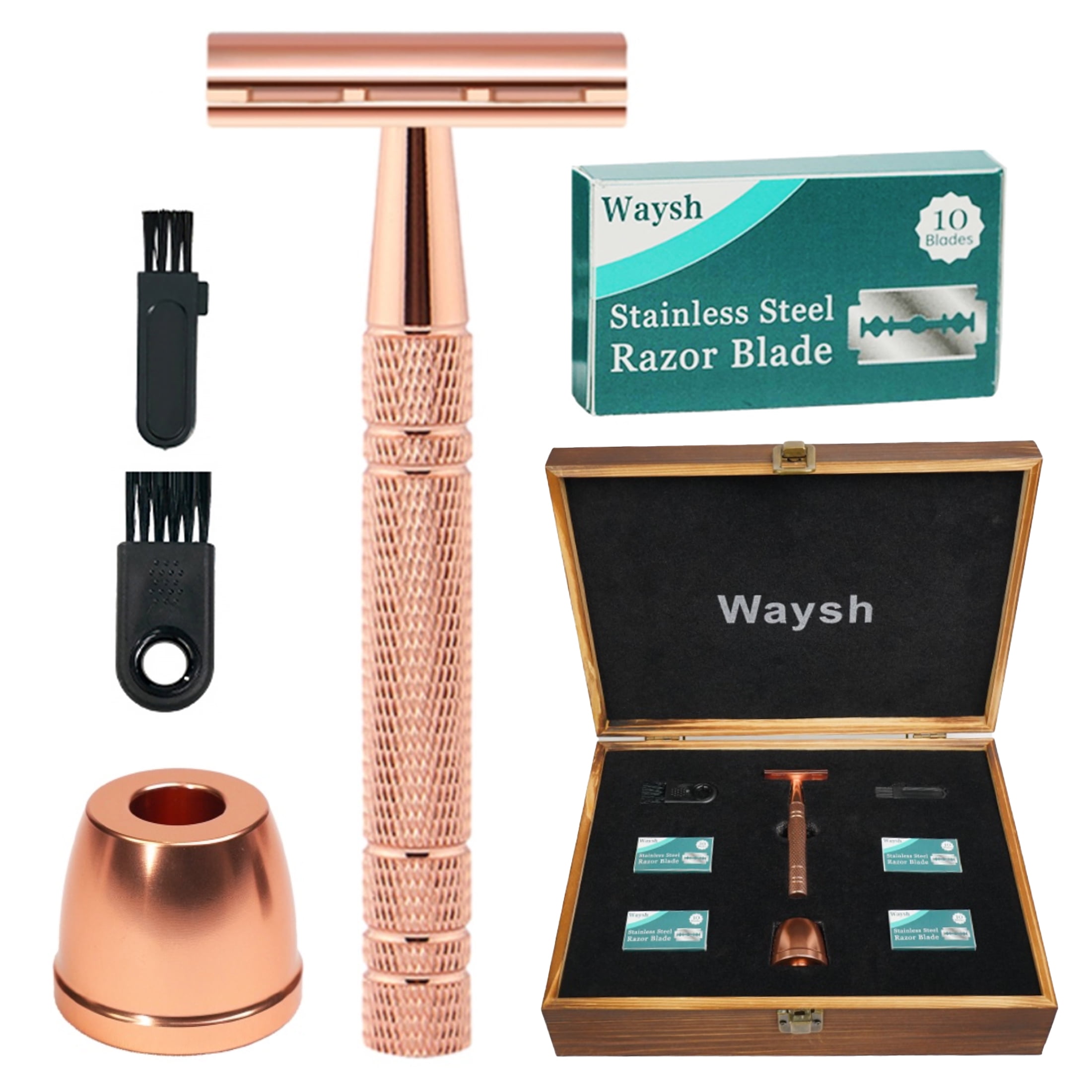 Waysh Safety Razor , 1 Razor , 1 Base, 40 Blades, 2 Brushes, Wooden ...