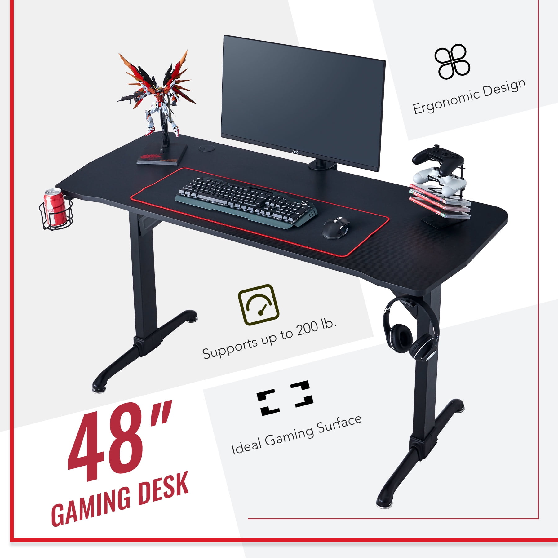 Wayshire 48" Reinforced T Shaped Computer Gaming Desk with Large Gaming ...