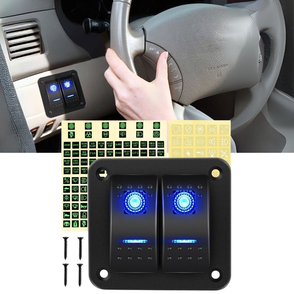 Waywe 2 Gang Rocker Switch Panel 12V 24V DC Blue Switches Aluminum ...