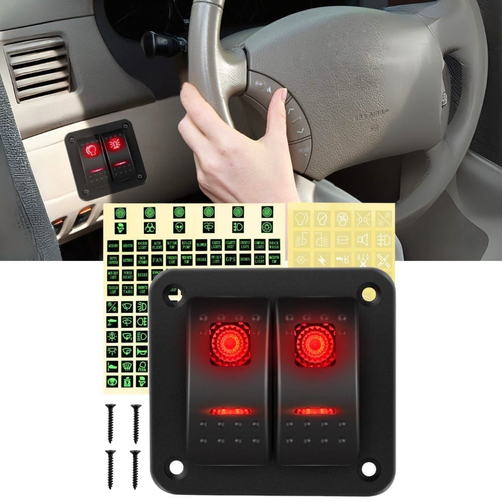 Waywe 2 Gang Rocker Switch Panel 12V 24V DC Red Switches Aluminum Panel ...