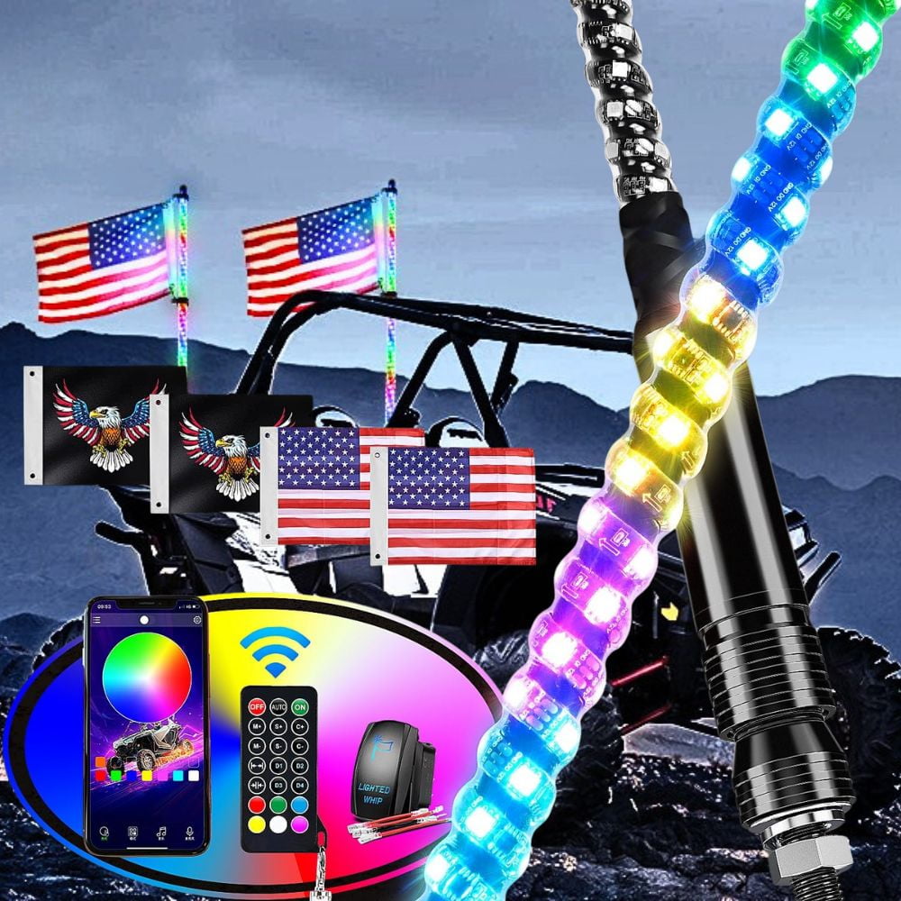 Waywe 2 PCS 3FT LED Whip Light Spiral RGB Chasing Bluetooth App RF ...