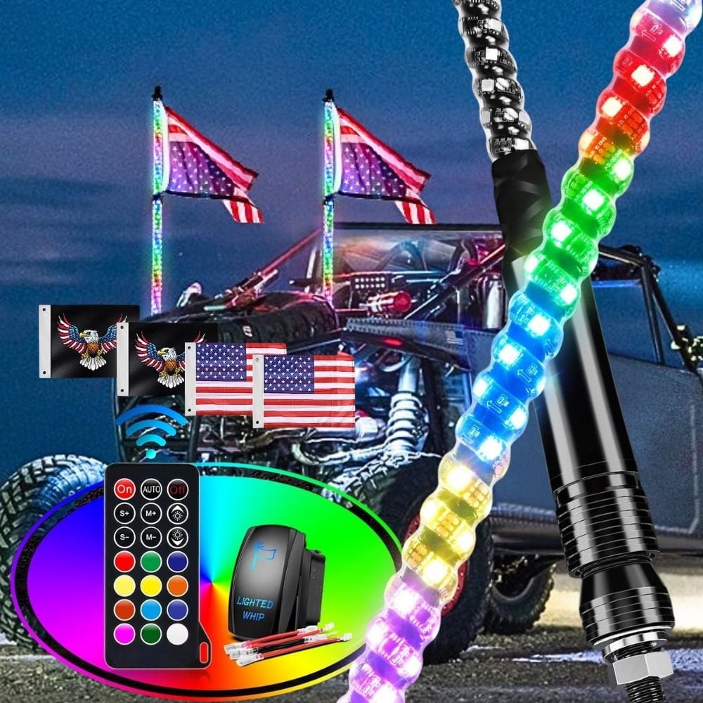 Waywe 2 Pcs 3FT LED Whip Light Spiral RGB Chasing RF Remote Durable ...