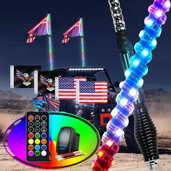Waywe 2 PCS 4FT LED Whip Light with Spring Base Spiral RGB Chasing RF ...