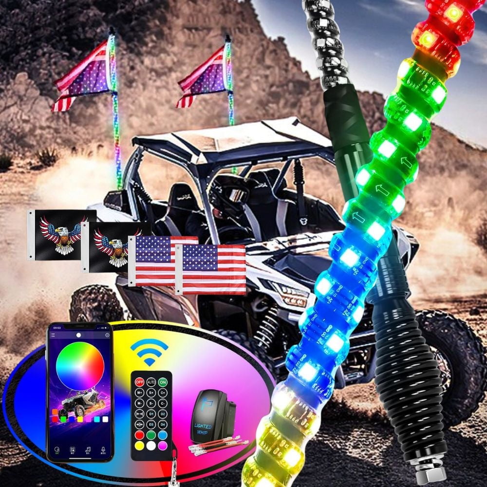 Waywe 2 Pcs 5FT LED Whip Light with Spring Base Bluetooth App RF Remote ...