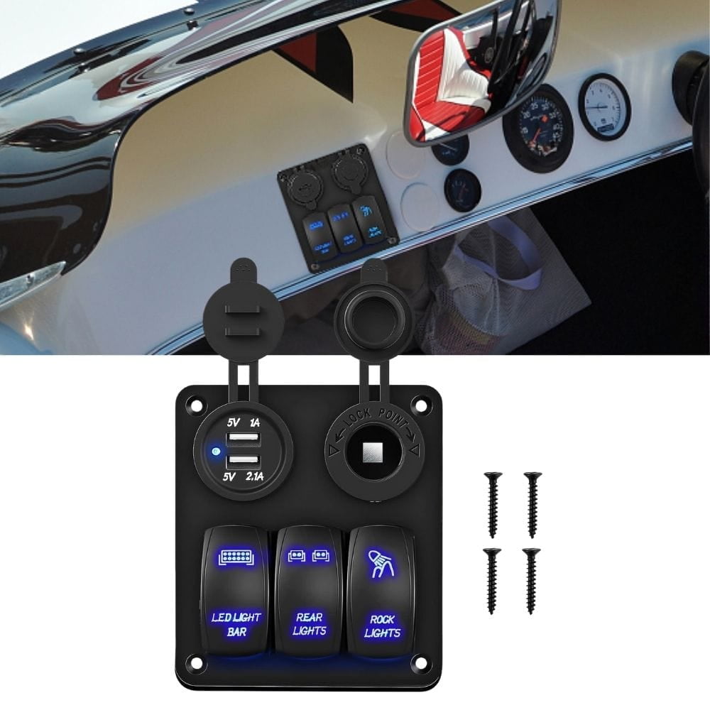 Waywe 3 Gang Rocker Switch Panel with USB Charger and Power Socket, 12V ...