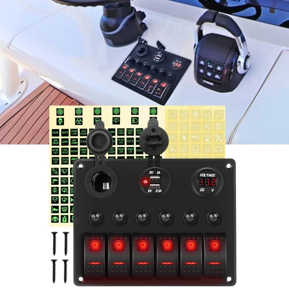 Waywe 6 Gang Rocker Switch Panel ON/Off Red Backlit with LED Voltmeter ...