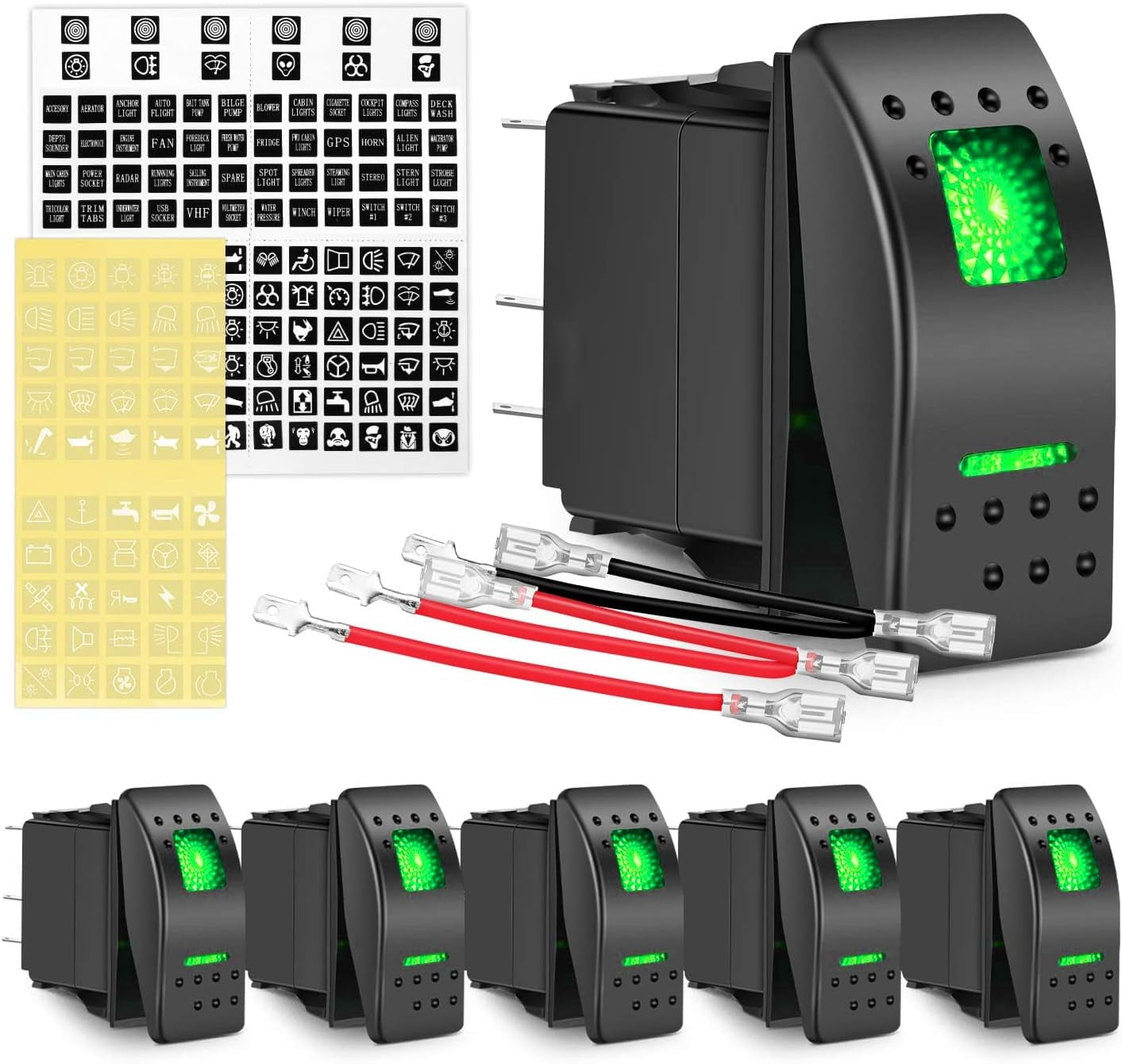 Waywe 6 Pack Rocker Switches with Night Glow Stickers 5 PIN SPST Rocker ...