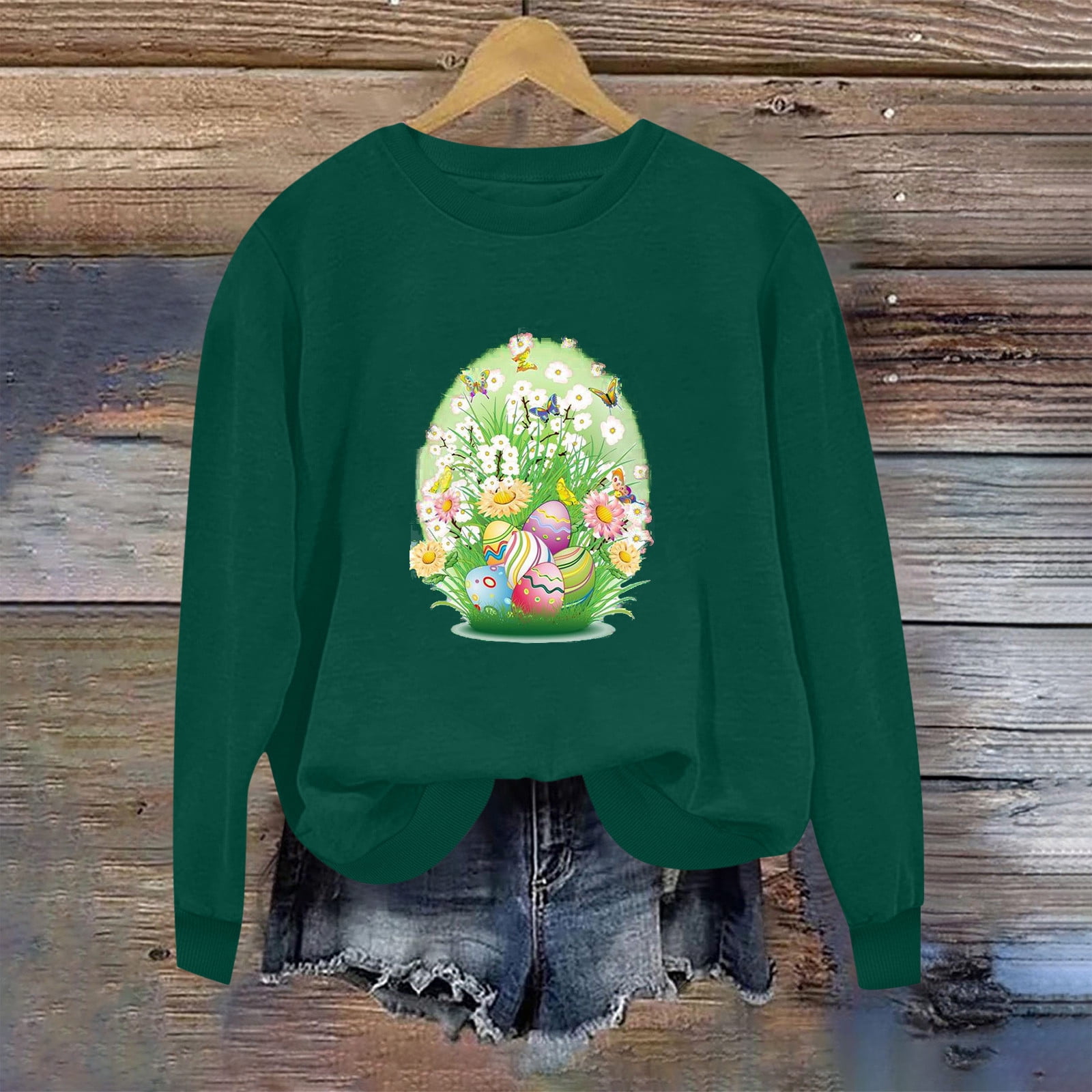 Wayzton Women's Round Neck Easter Print Sweatshirt Long Sleeve Top ...