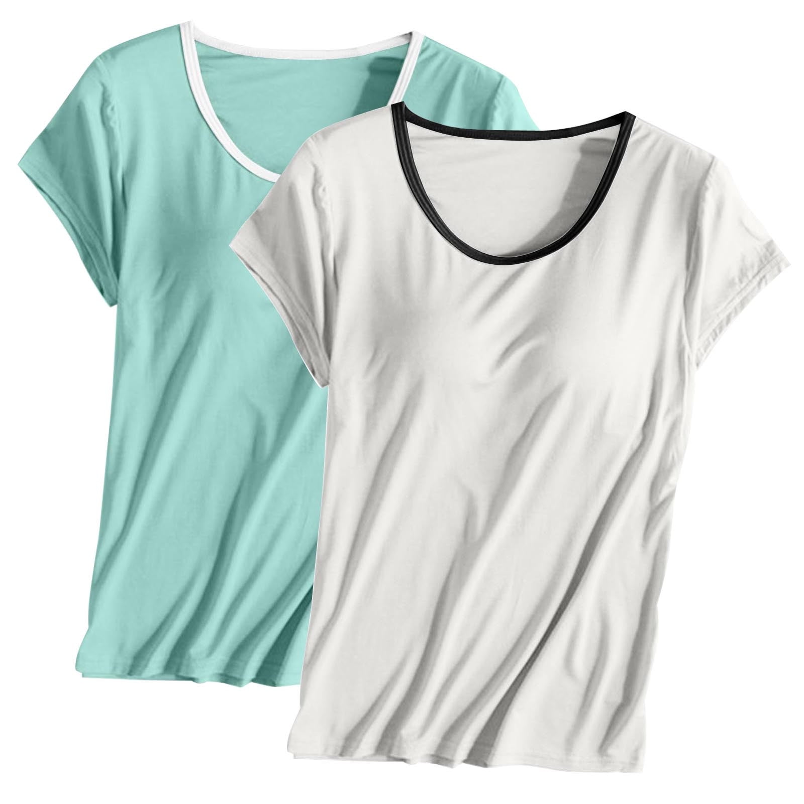 Wdfiry 2 Packs Women's Cotton Top with Shelf Bra Short Sleeve Basic ...