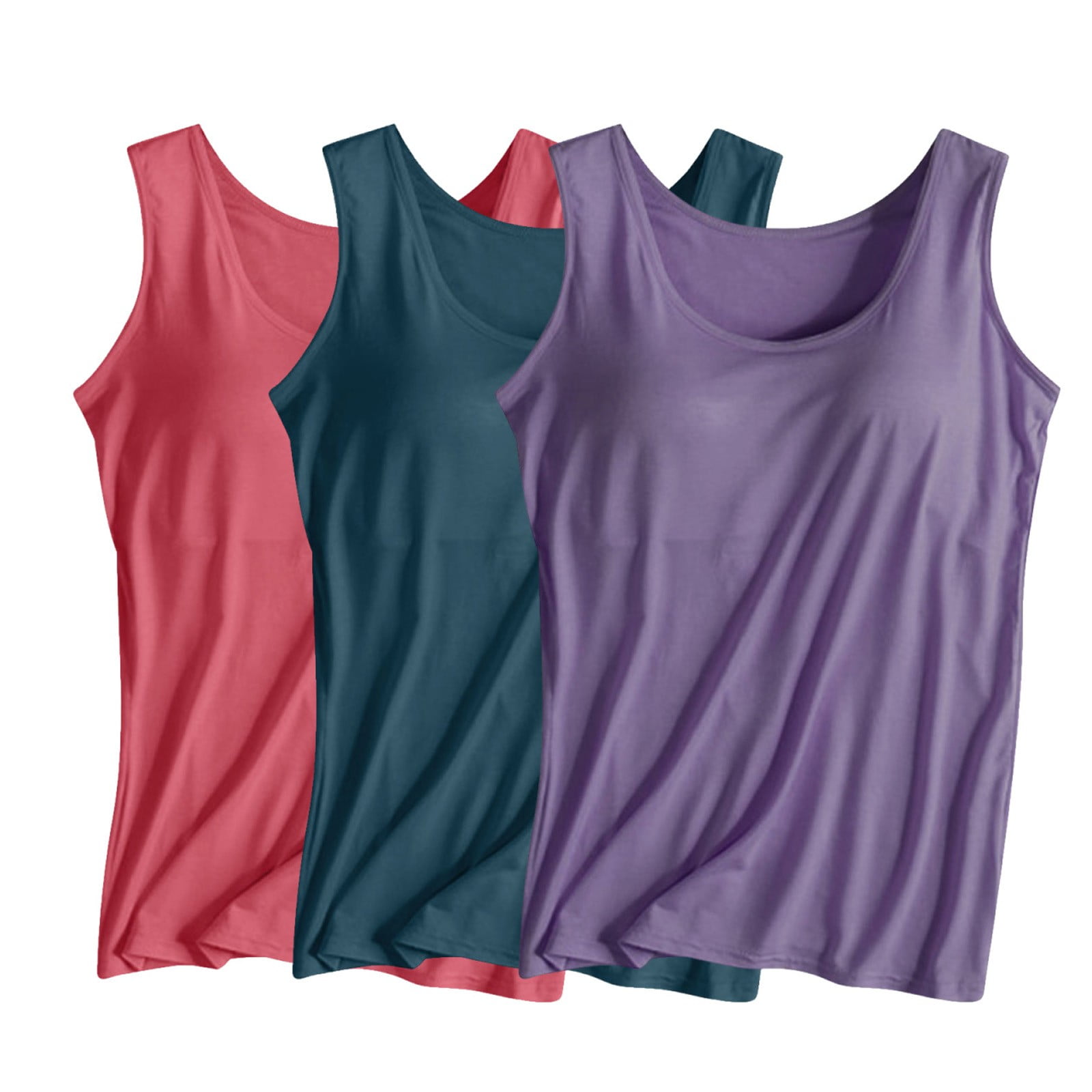 Wdfiry 3PC Women's Tank Top with Built in Bra Sleeveless Wide Shoulder ...