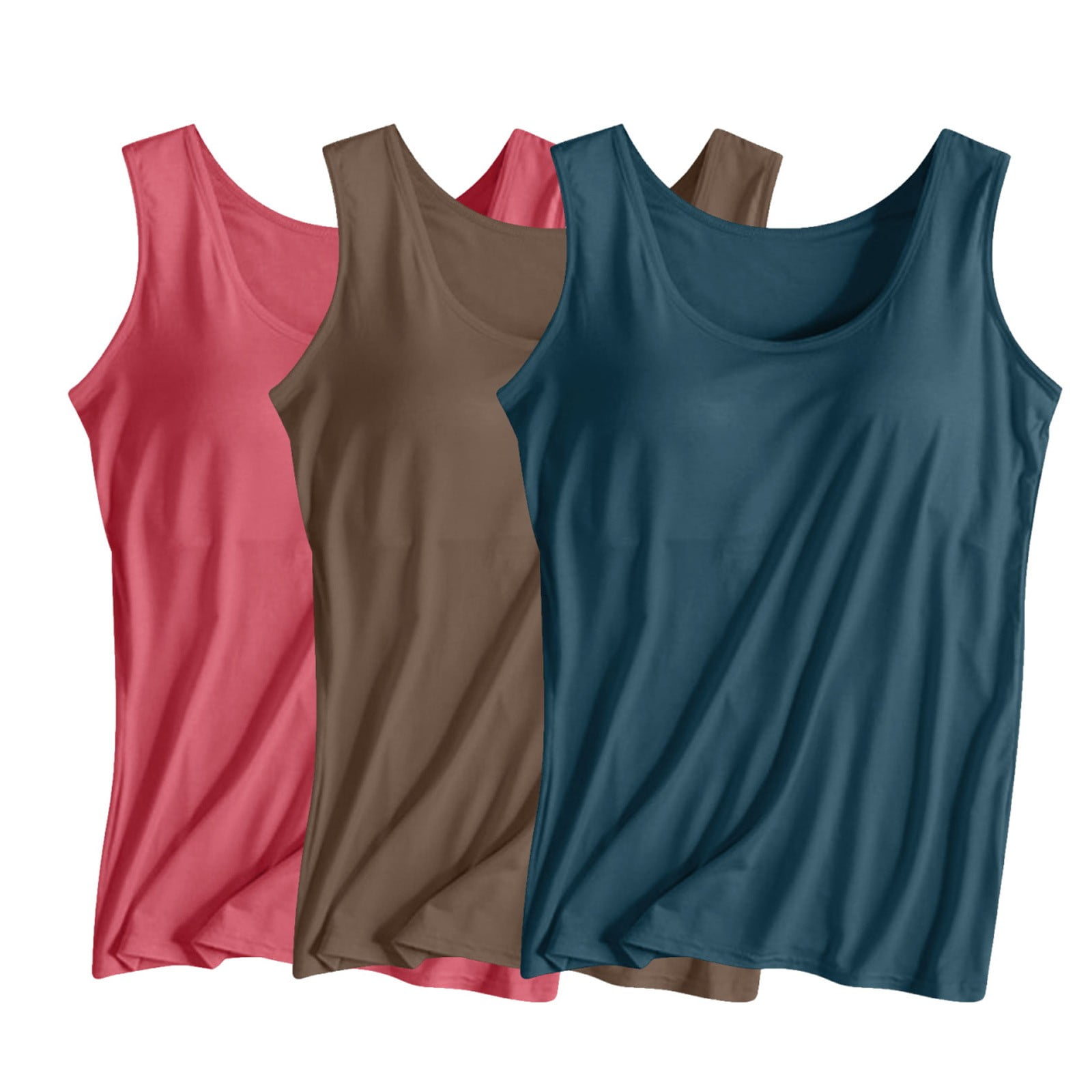 Wdfiry 3PC Women's Tank Top with Built in Bra Sleeveless Wide Shoulder ...