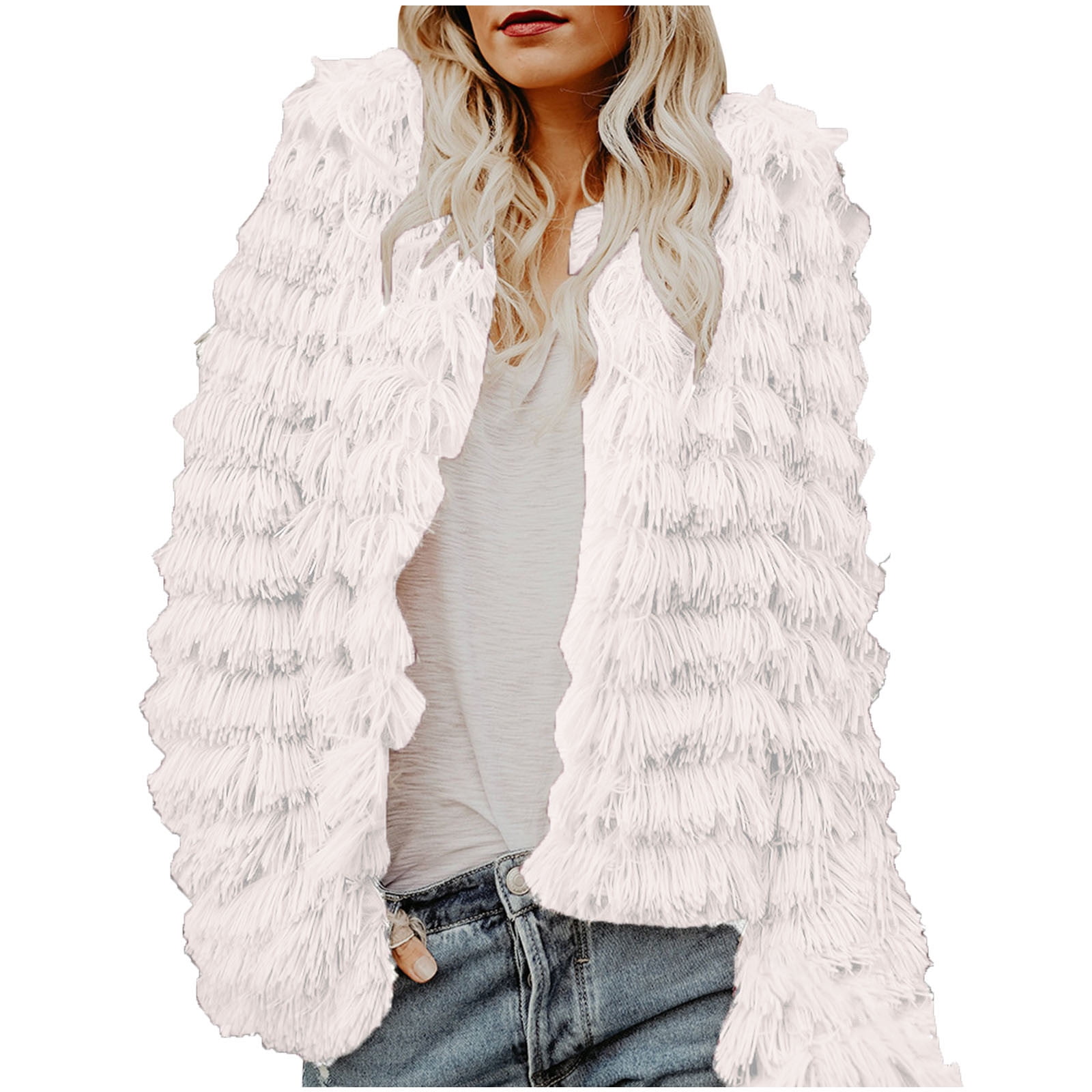 Wdfiry Faux Fur Coat for Women Fluffy Mid Length Overcoat Winter Warm ...