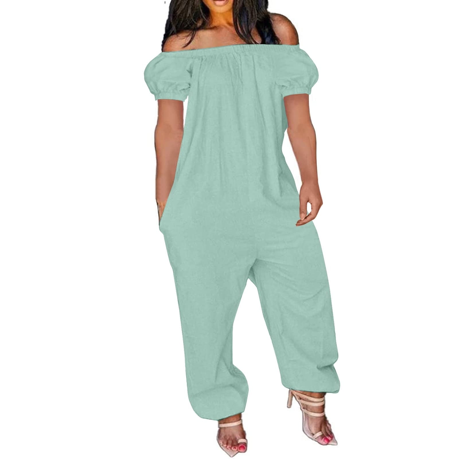 Wdfiry Linen Jumpsuits for Women Loose Fit Off Shoulder Rompers Casual ...