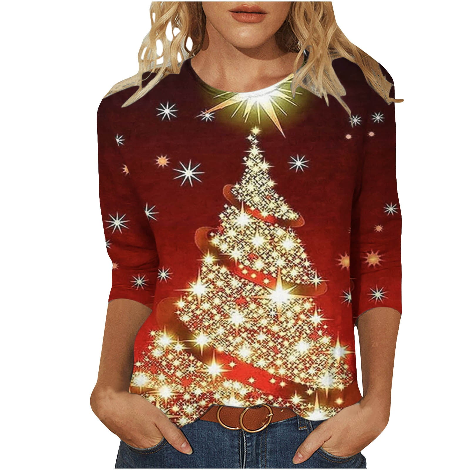 Wdfiry Plus Size Christmas Shirts for Women Xmas Tree Print Holiday ...