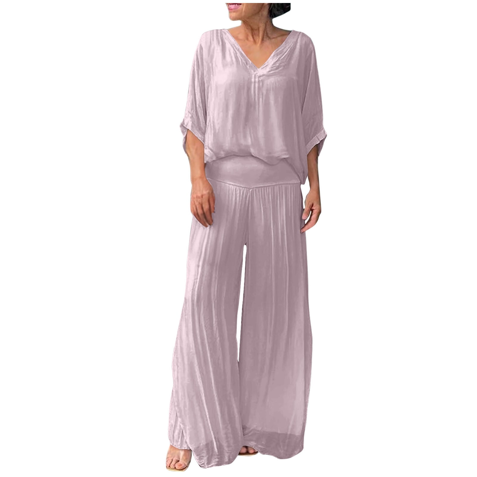 Wdfiry Two Piece Sets For Women Backless V Neck Tops with Wide Leg Pants Sets Solid Color Plus ...