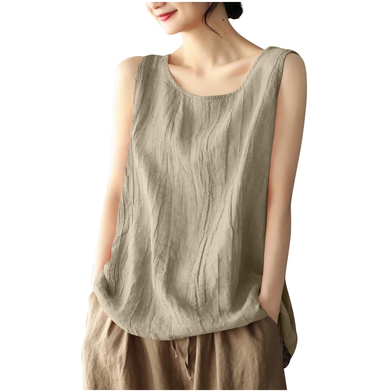 Ohufall Women Cotton Linen Tank Tops Fashion Casual Solid Color Round ...