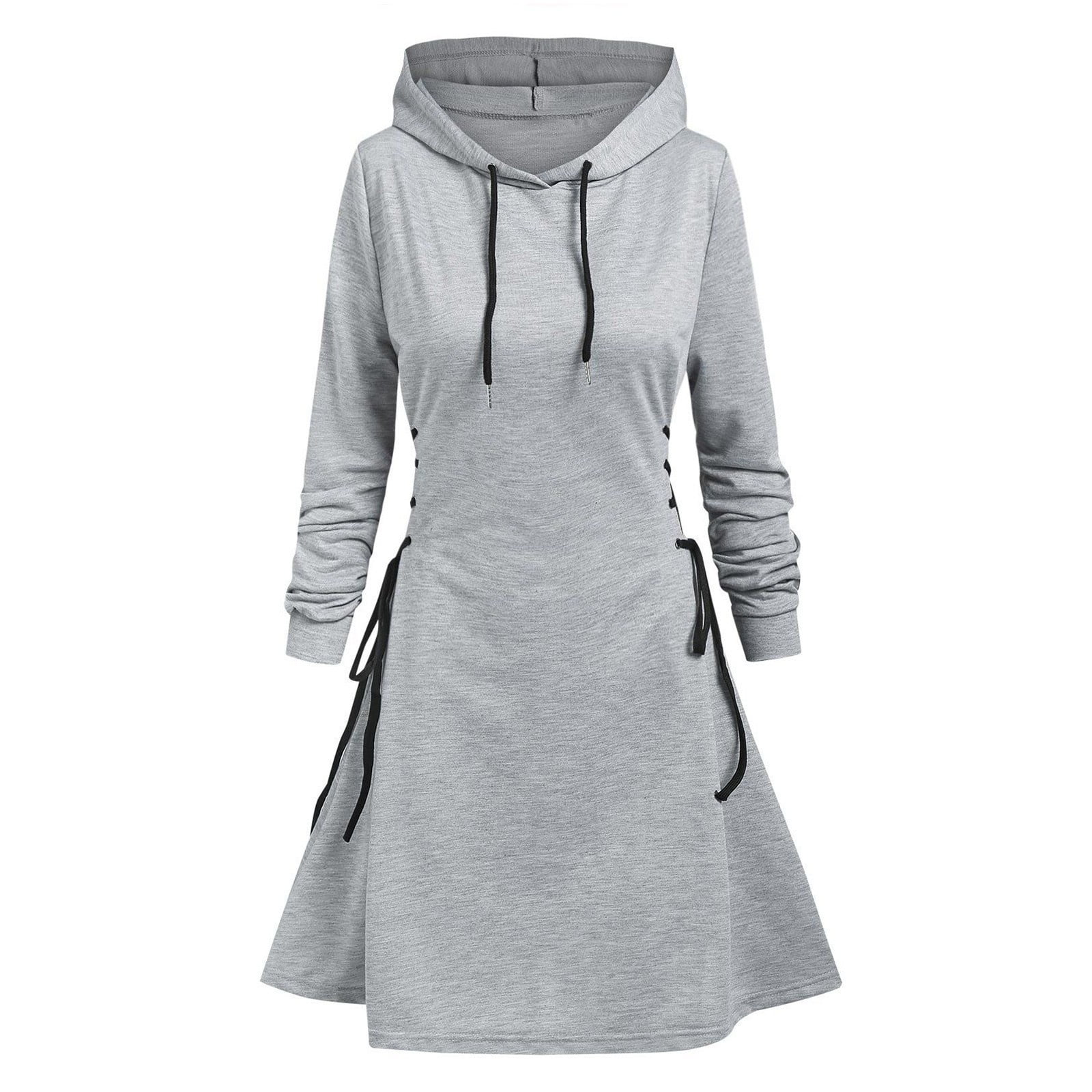 Wdfiry Women Hoodie Dress Solid Casual Long Sleeve Hooded Drawstring ...