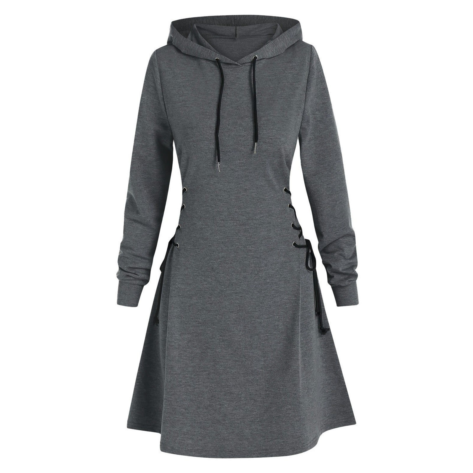 Wdfiry Women Hoodie Dress Solid Casual Long Sleeve Hooded Drawstring ...