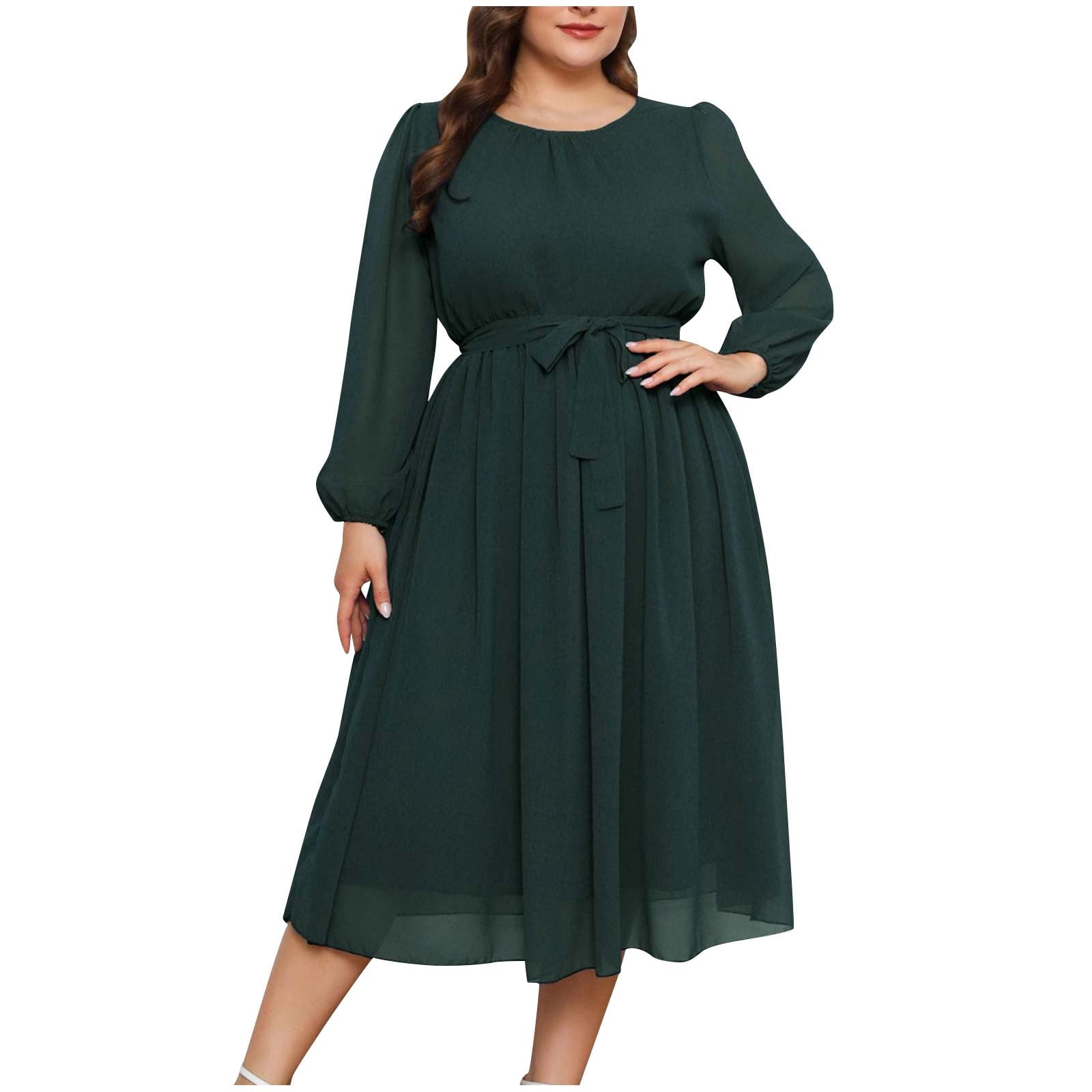 Wdfiry Women's Plus Size Midi Dress Casual Tummy Control Long Sleeve ...