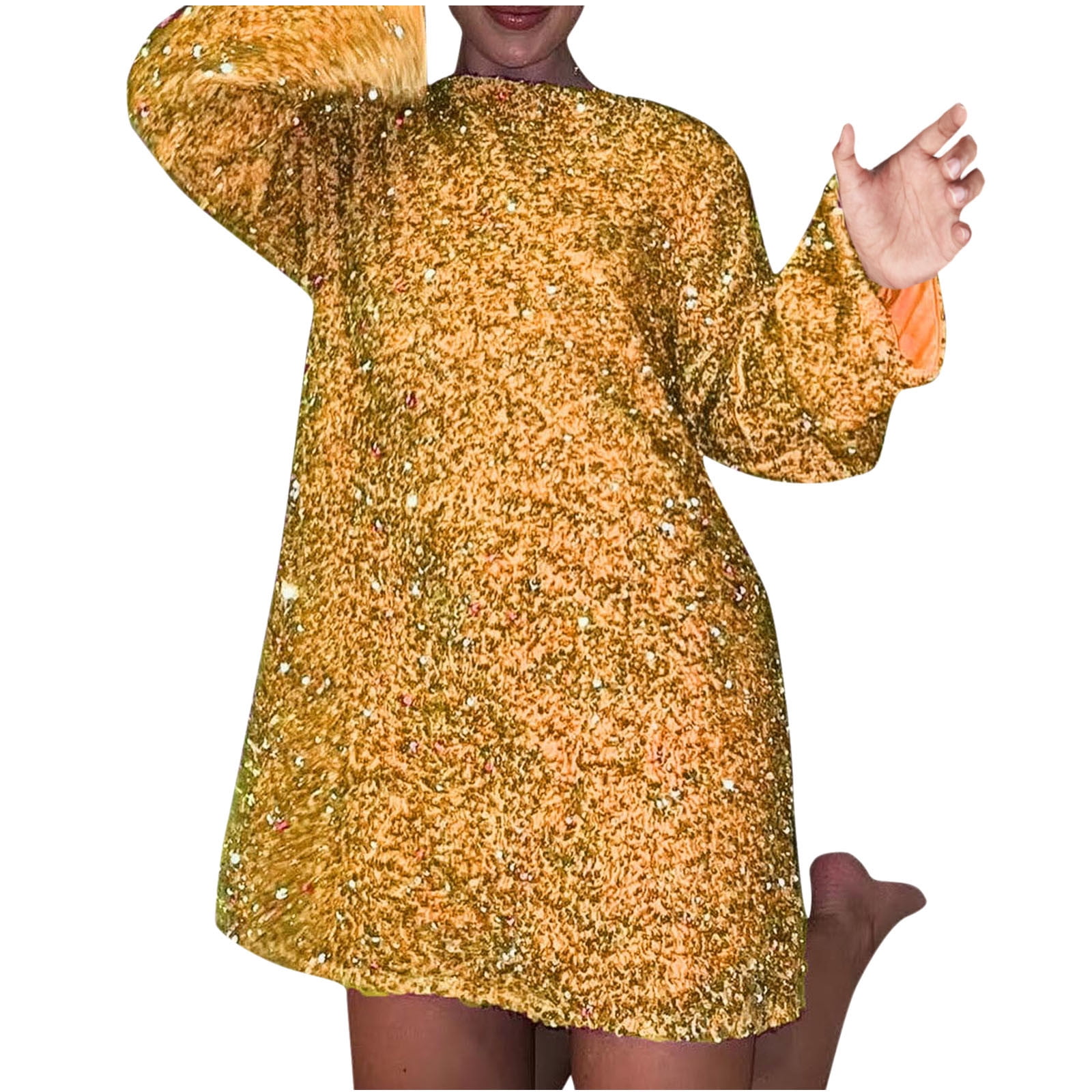 Wdfiry Women's Sparkle Glitzy Glam Sequin Dresses Long Sleeve Wedding Guest Party Club Dress for ...