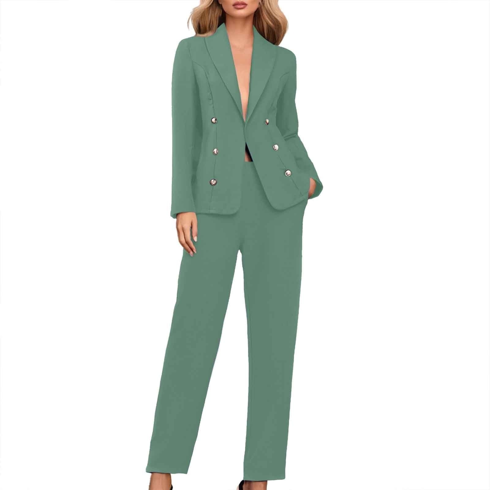 Wdfiry Womens Work Business Blazer Suit Sets Solid Color Button Long ...
