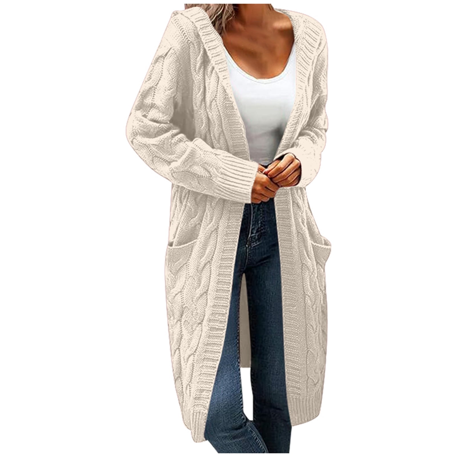 Wdgfv Hooded Open Front Cardigan for Women Cable Knit Sweaters Pocketed ...
