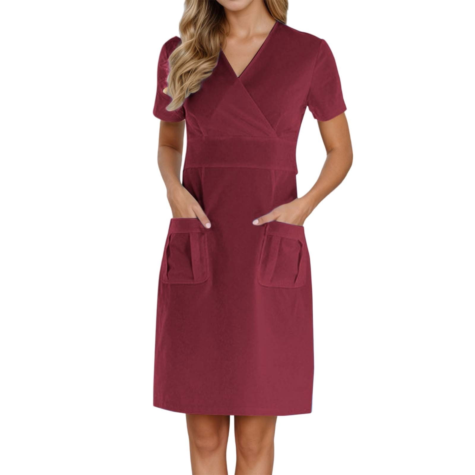Wdgfv Scrubs for Women Short Sleeve Nurse Working Uniform V Neck Wrap ...
