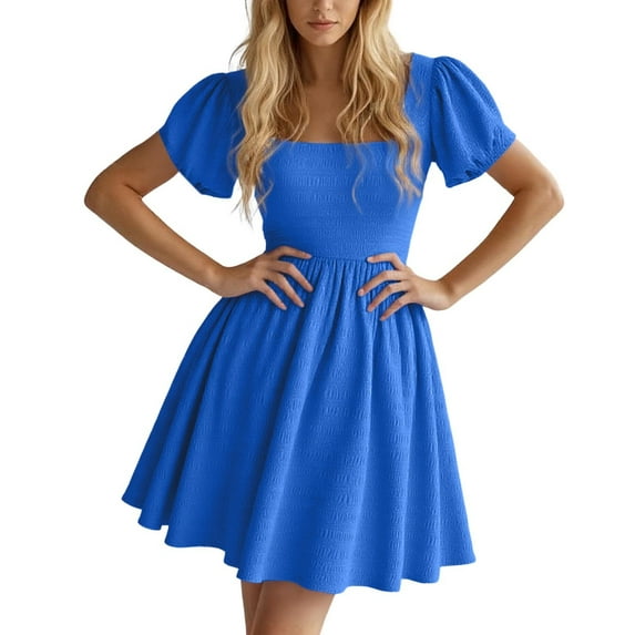 Wdgfv Women Puff Sleeve Square Neck Tie in Back Dresses with Zipper ...