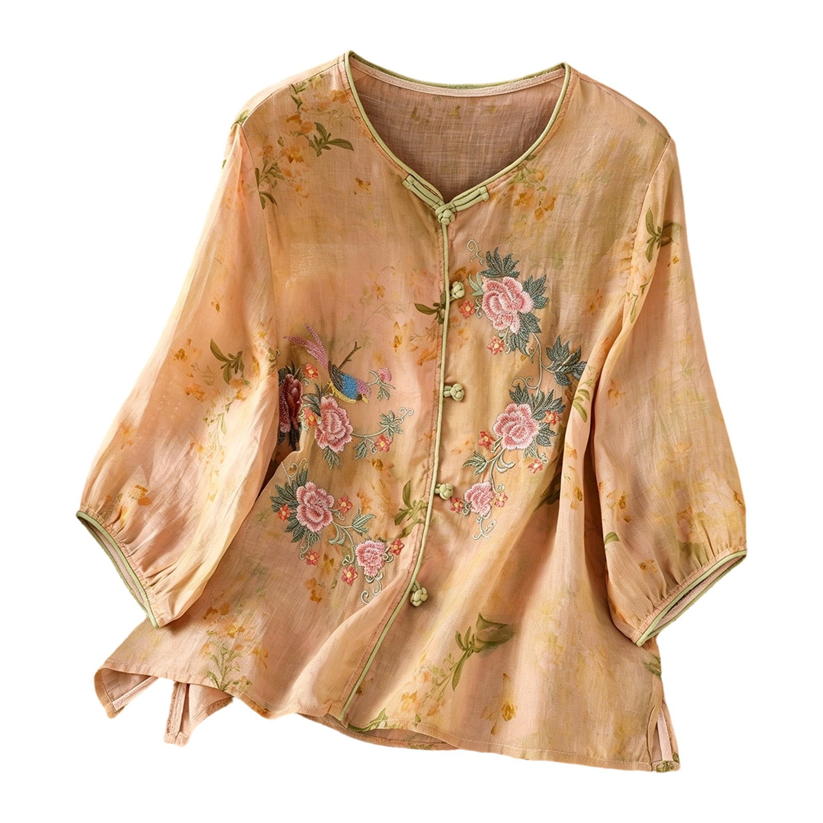 Wdgfv Women Summer 3/4 Sleeve Chinese Blouse Top Traditional Mandarin ...
