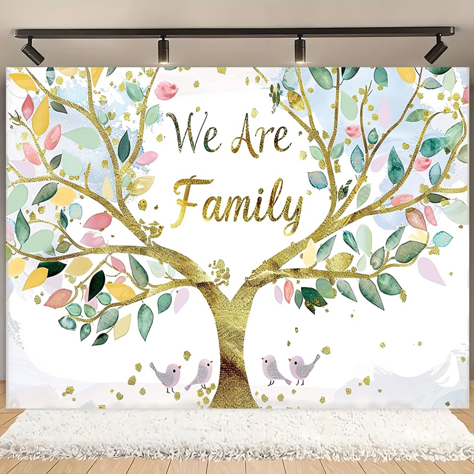 We Are Family Polyester Backdrop Banner with Golden Tree, Pink Floral ...