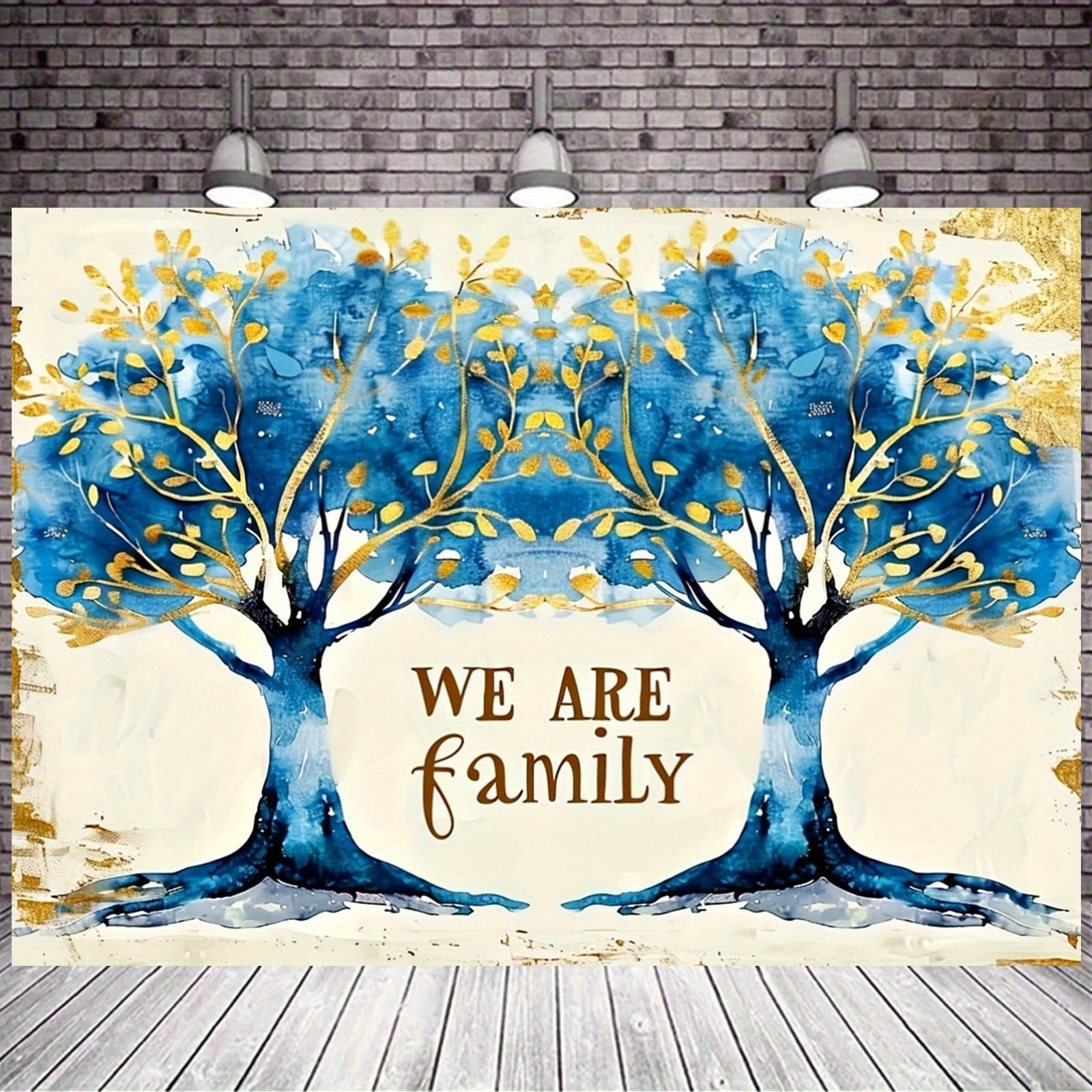 We Are Family Tree Backdrop, Polyester Party Banner with Golden Leaves ...