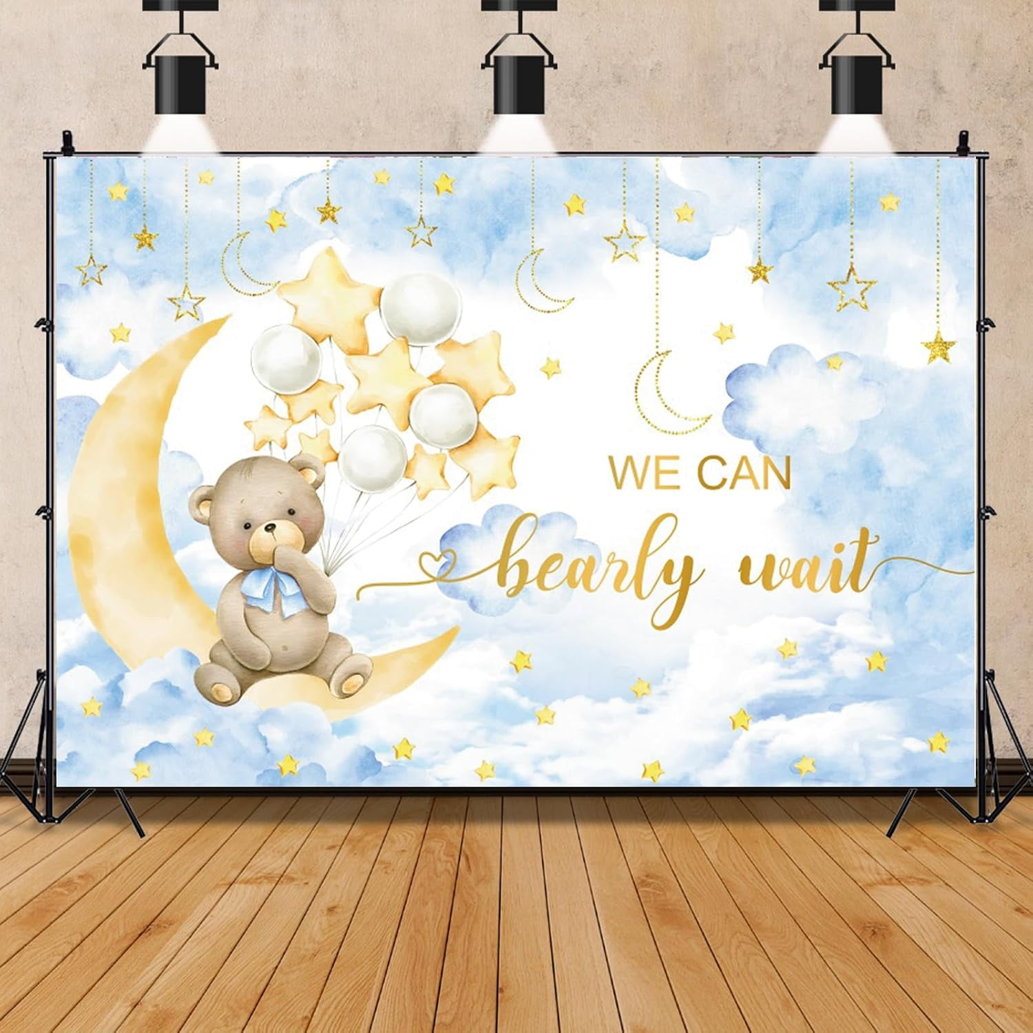We Can Bearly Wait Baby Shower Backdrop Blue Cloud Yellow Cartoon Moon ...