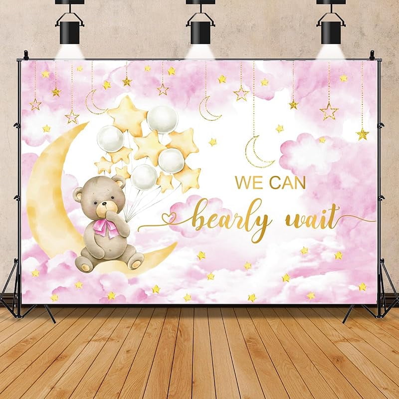 We Can Bearly Wait Baby Shower Backdrop Pink Cloud Yellow Cartoon Moon ...